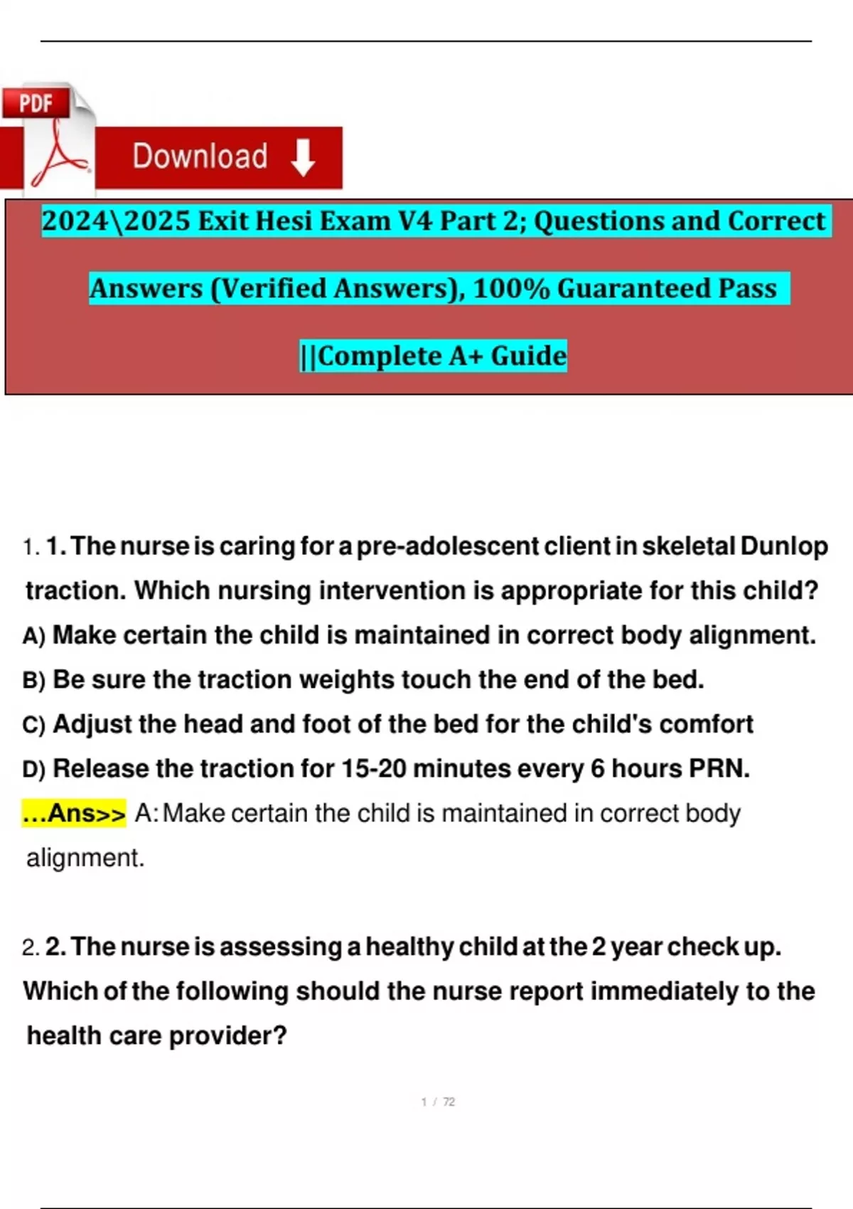 2024/2025 Hesi Exit Exam V1, V2, V3, V4, V5, V6; Questions And Correct Answers (Verified Answers ...