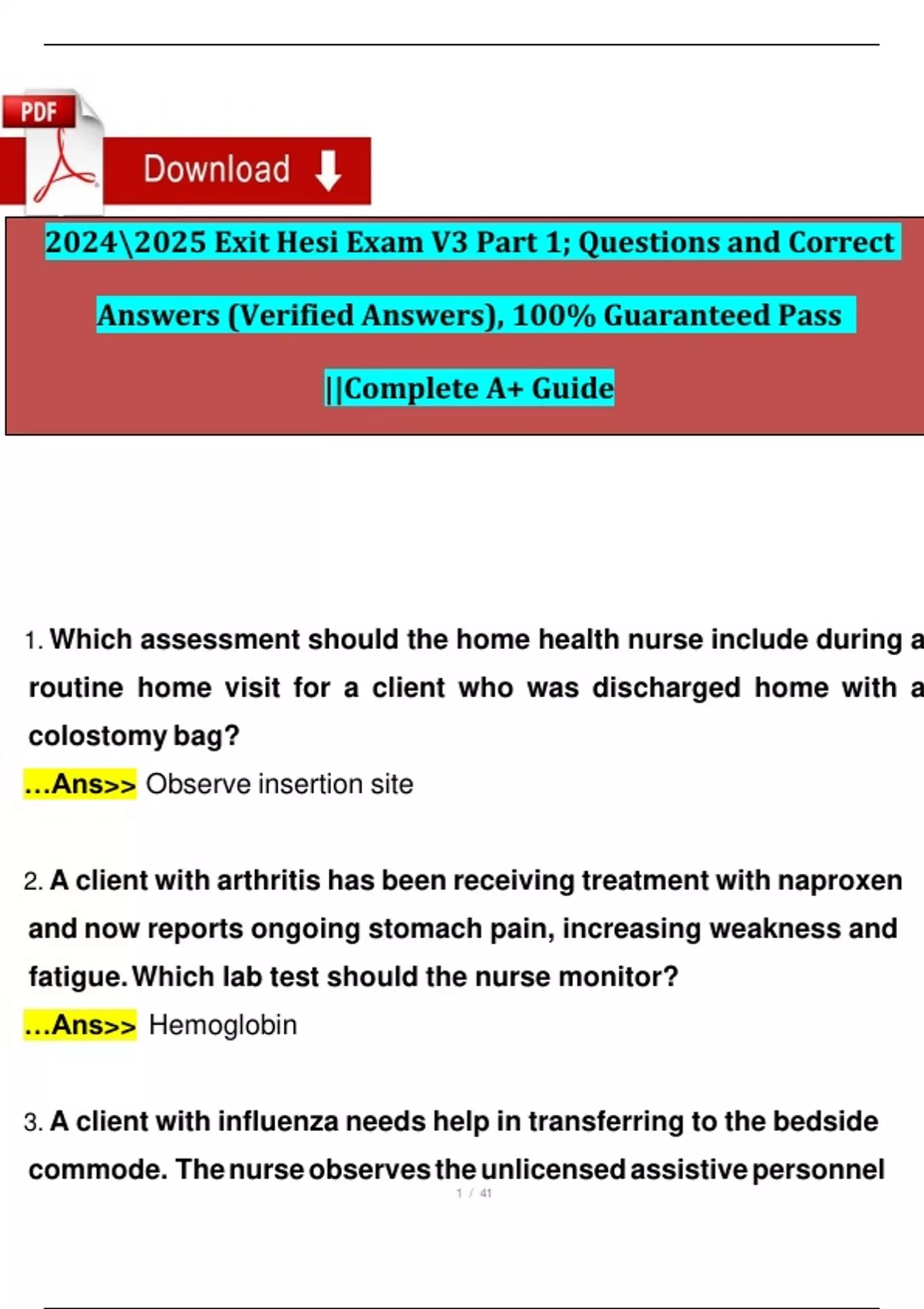 Exit Hesi Exam V3 Part 1; Questions and Correct Answers (Verified Answers), 100% Guaranteed Pass ...
