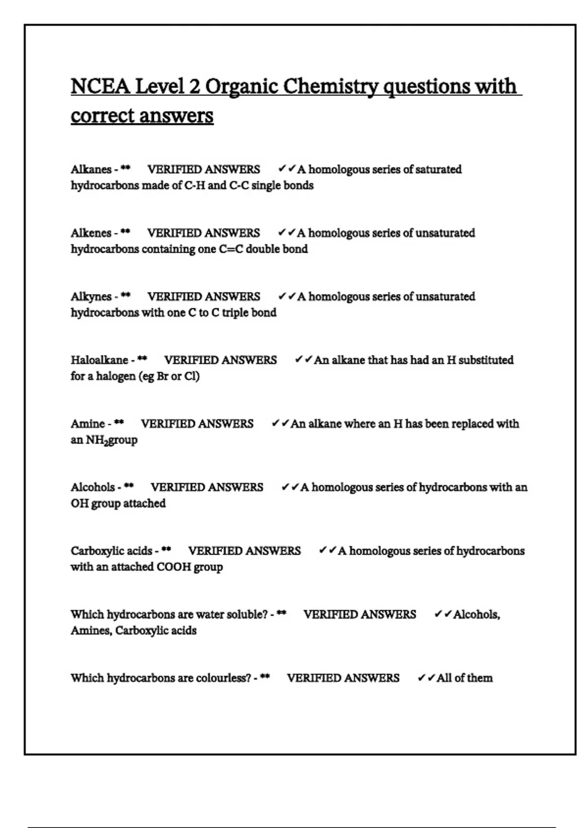 NCEA Level 2 Organic Chemistry questions with correct answers - NCEA ...