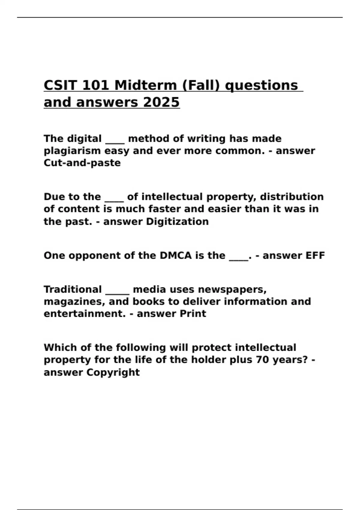 CSIT 101 Midterm (Fall) questions and answers 2025 - CSIT 101 - Stuvia US