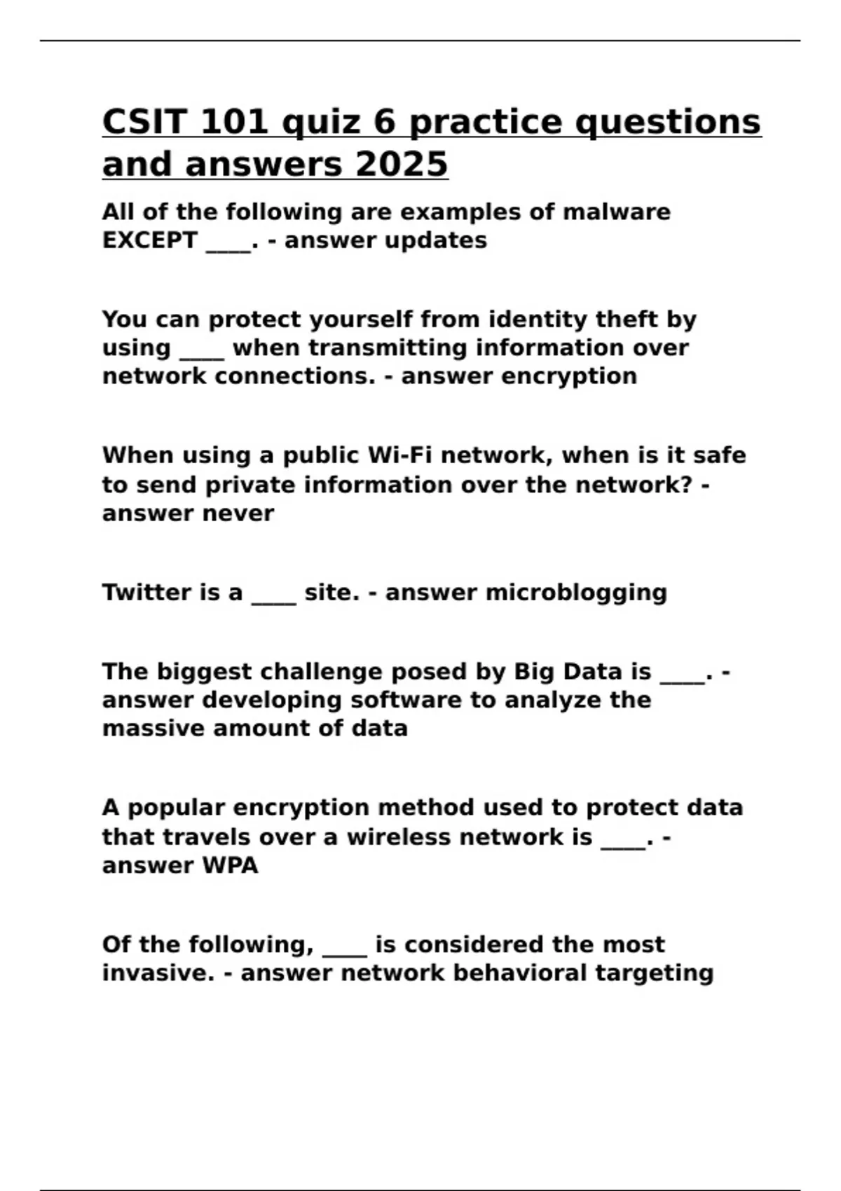 CSIT 101 quiz 6 practice questions and answers 2025. - CSIT 101 - Stuvia US