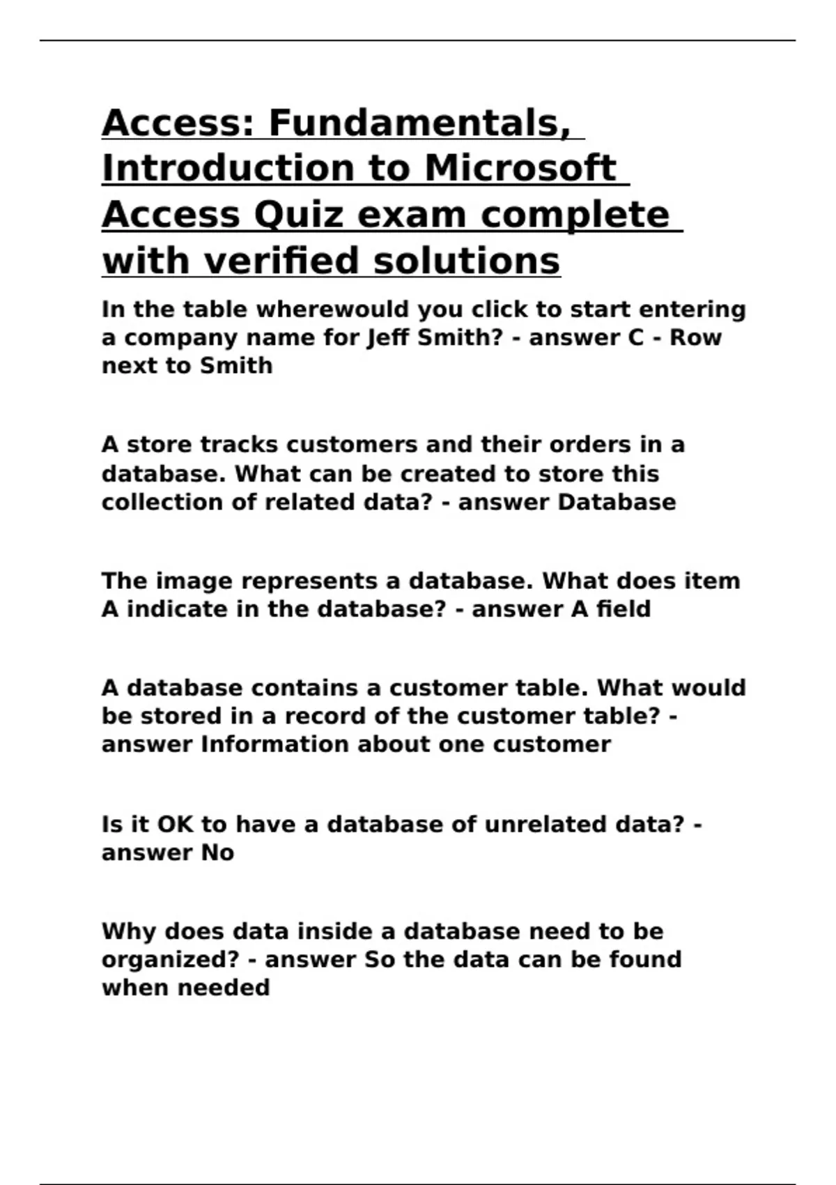 Access Fundamentals, Introduction to Microsoft Access Quiz exam complete with verified solutions ...
