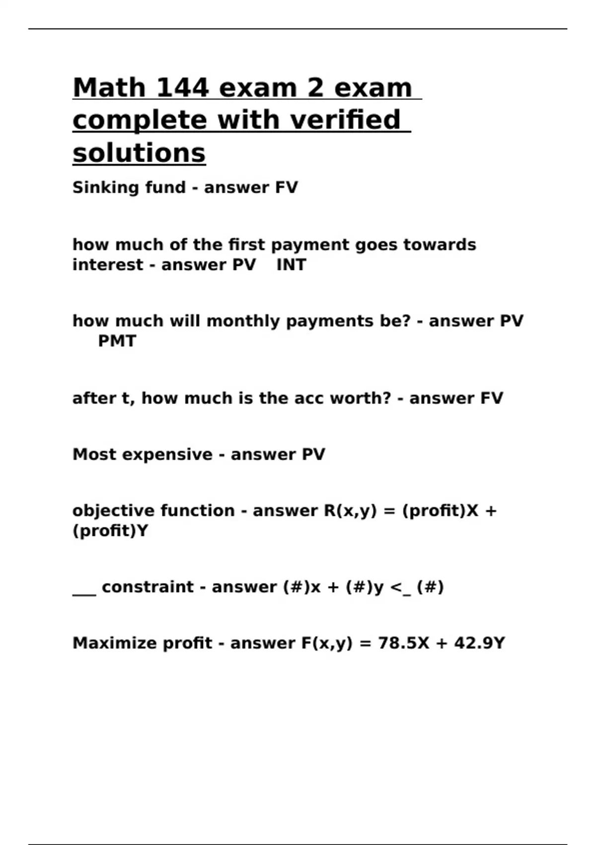 Math 144 exam 2 exam complete with verified solutions - Math 144 ...