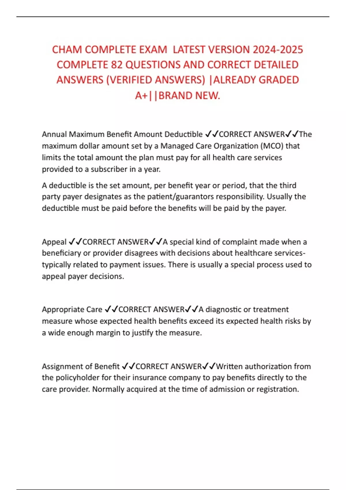 CHAM COMPLETE EXAM LATEST VERSION COMPLETE 82 QUESTIONS AND CORRECT ...