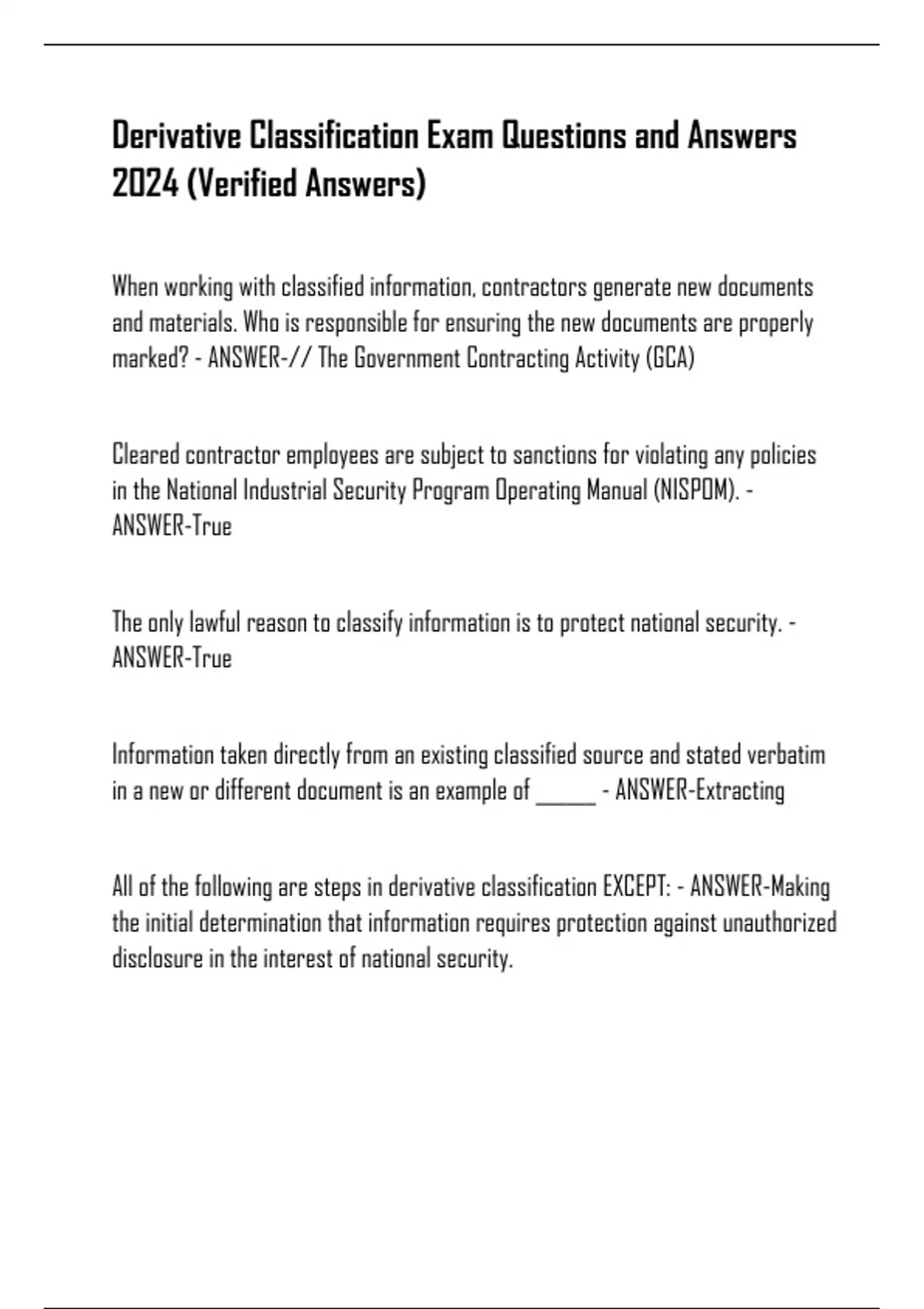 Derivative Classification Exam Questions And Answers 2024 Verified Answers Derivative