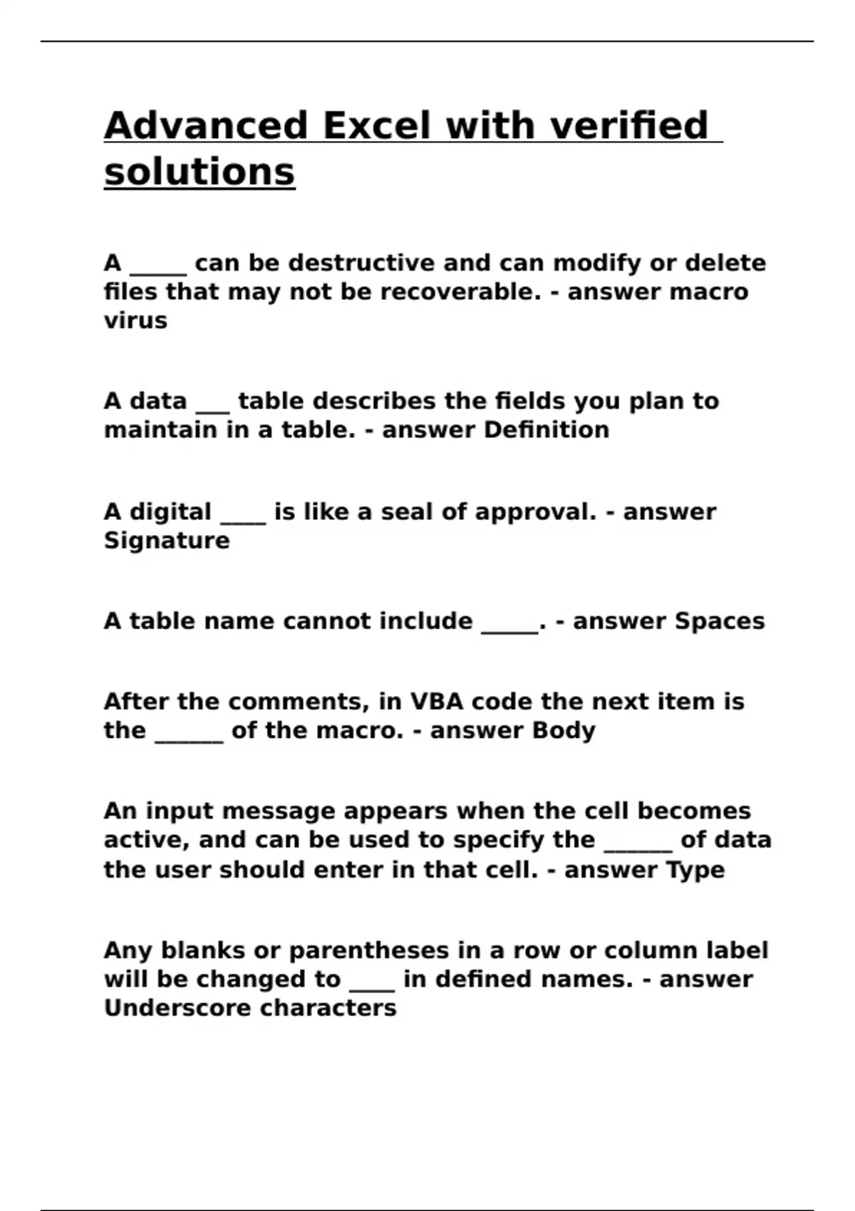 Advanced Excel with verified solutions - Solving data problems in ExcCEL - Stuvia US