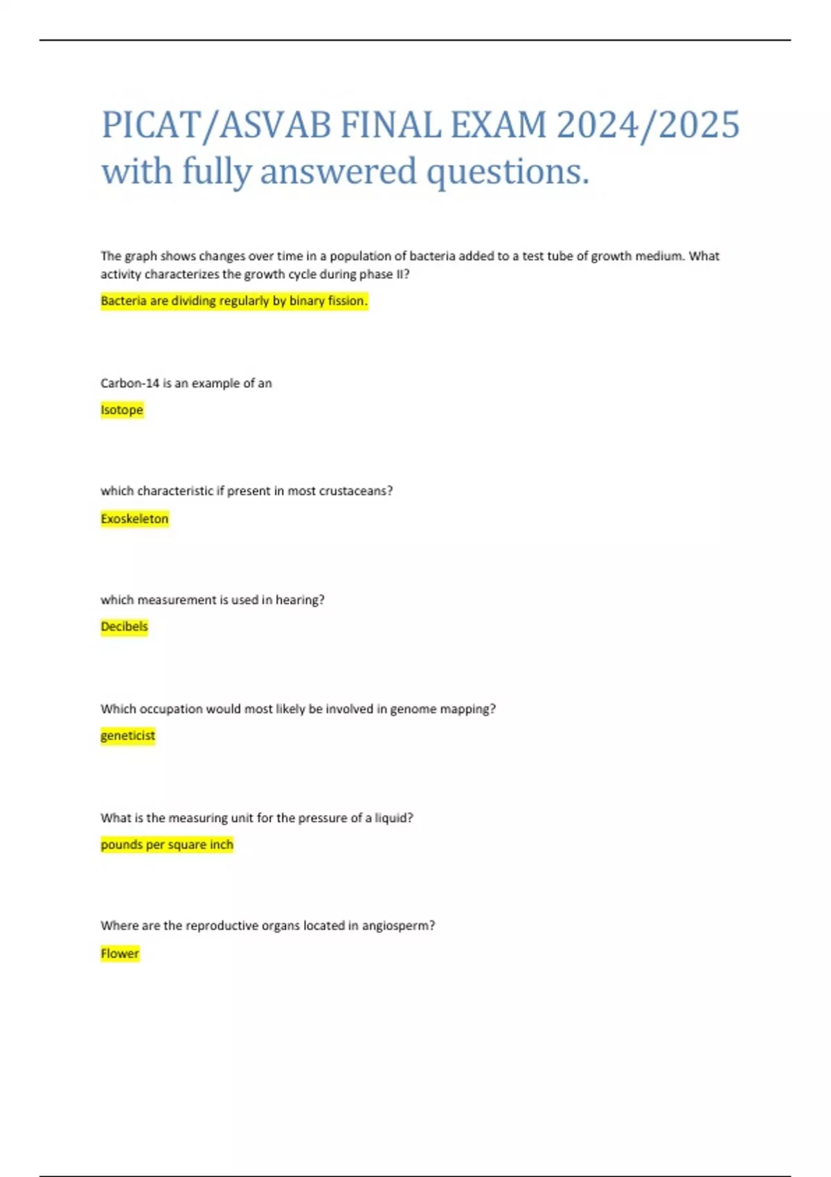 PICAT/ASVAB FINAL EXAM 2024/2025 - PICAT/ASVAB - Stuvia US