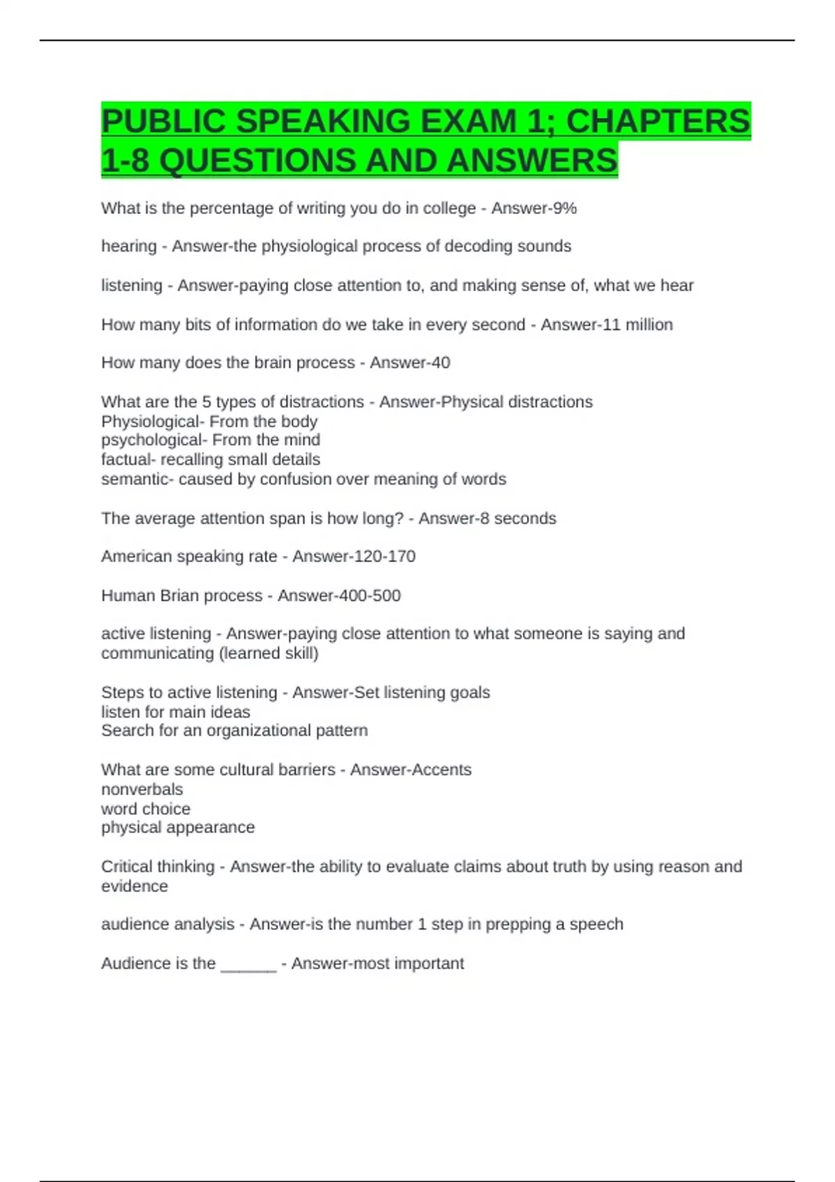 PUBLIC SPEAKING EXAM 1; CHAPTERS 1-8 QUESTIONS AND ANSWERS - Public ...