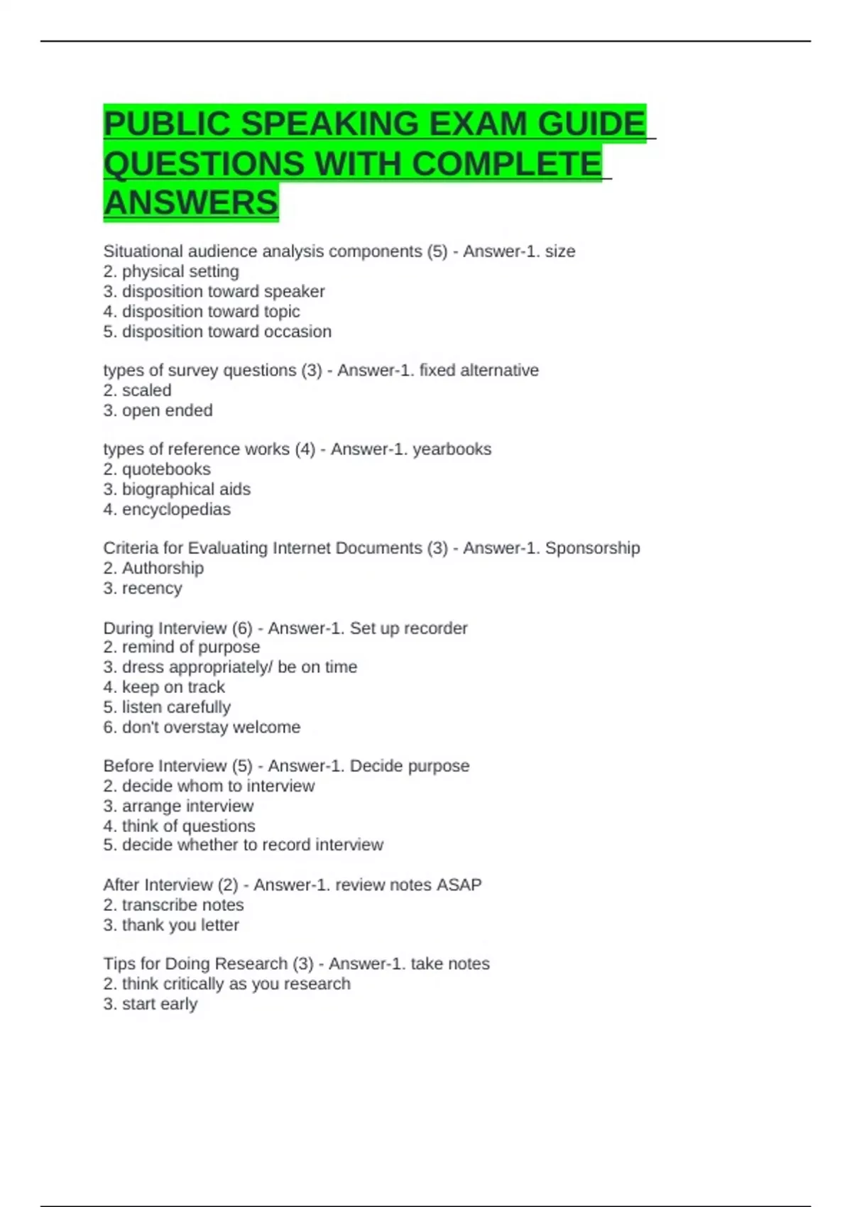 PUBLIC SPEAKING EXAM GUIDE QUESTIONS WITH COMPLETE ANSWERS - Public ...