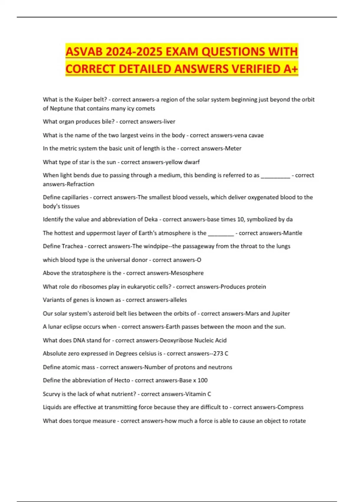 ASVAB EXAM QUESTIONS WITH CORRECT DETAILED ANSWERS VERIFIED A+ - ASVAB ...