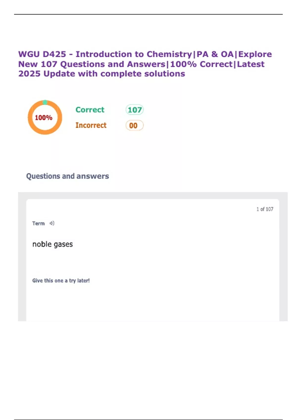WGU D425 - Introduction to Chemistry|PA & OA|Explore New 107 Questions ...