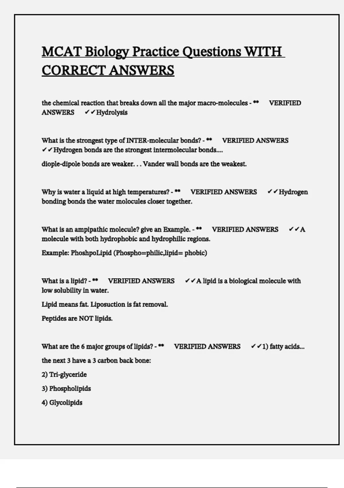 MCAT Biology Practice Questions WITH CORRECT ANSWERS - MCAT Biology ...