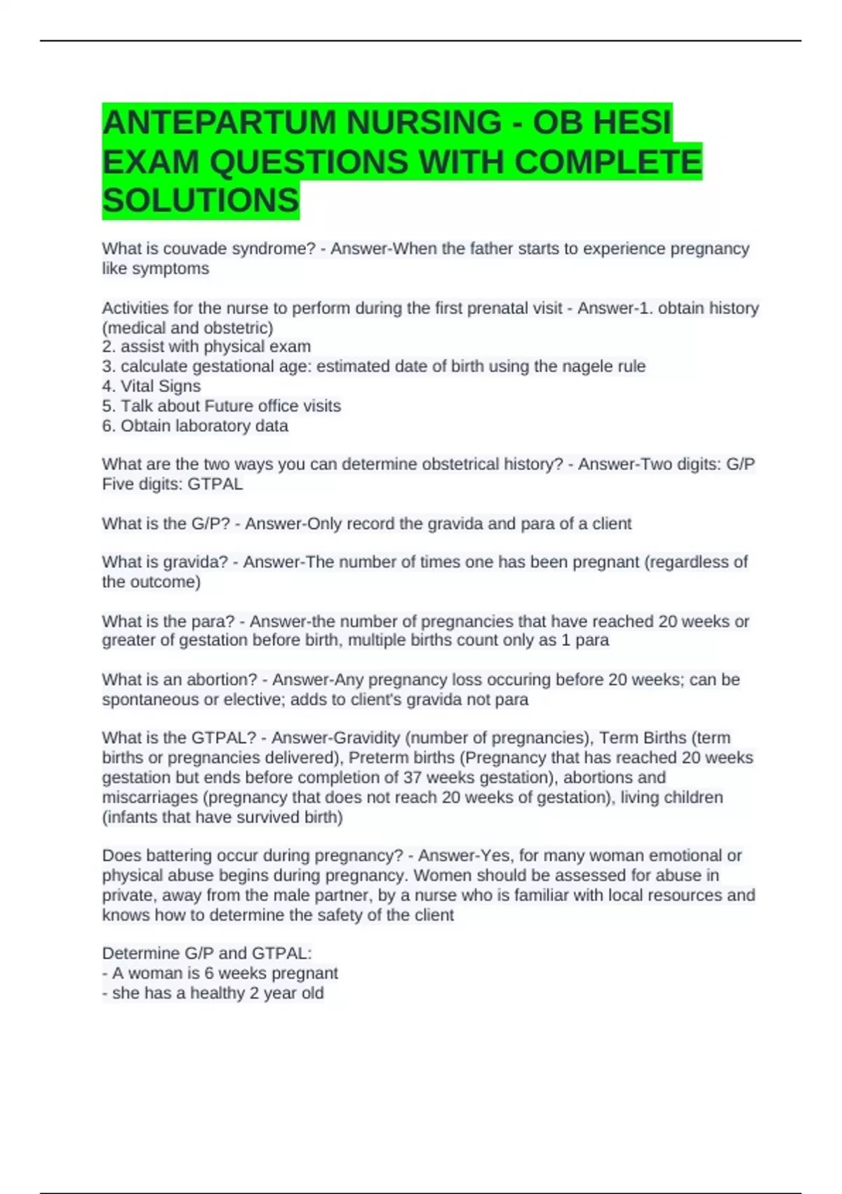 ANTEPARTUM NURSING - OB HESI EXAM QUESTIONS WITH COMPLETE SOLUTIONS ...