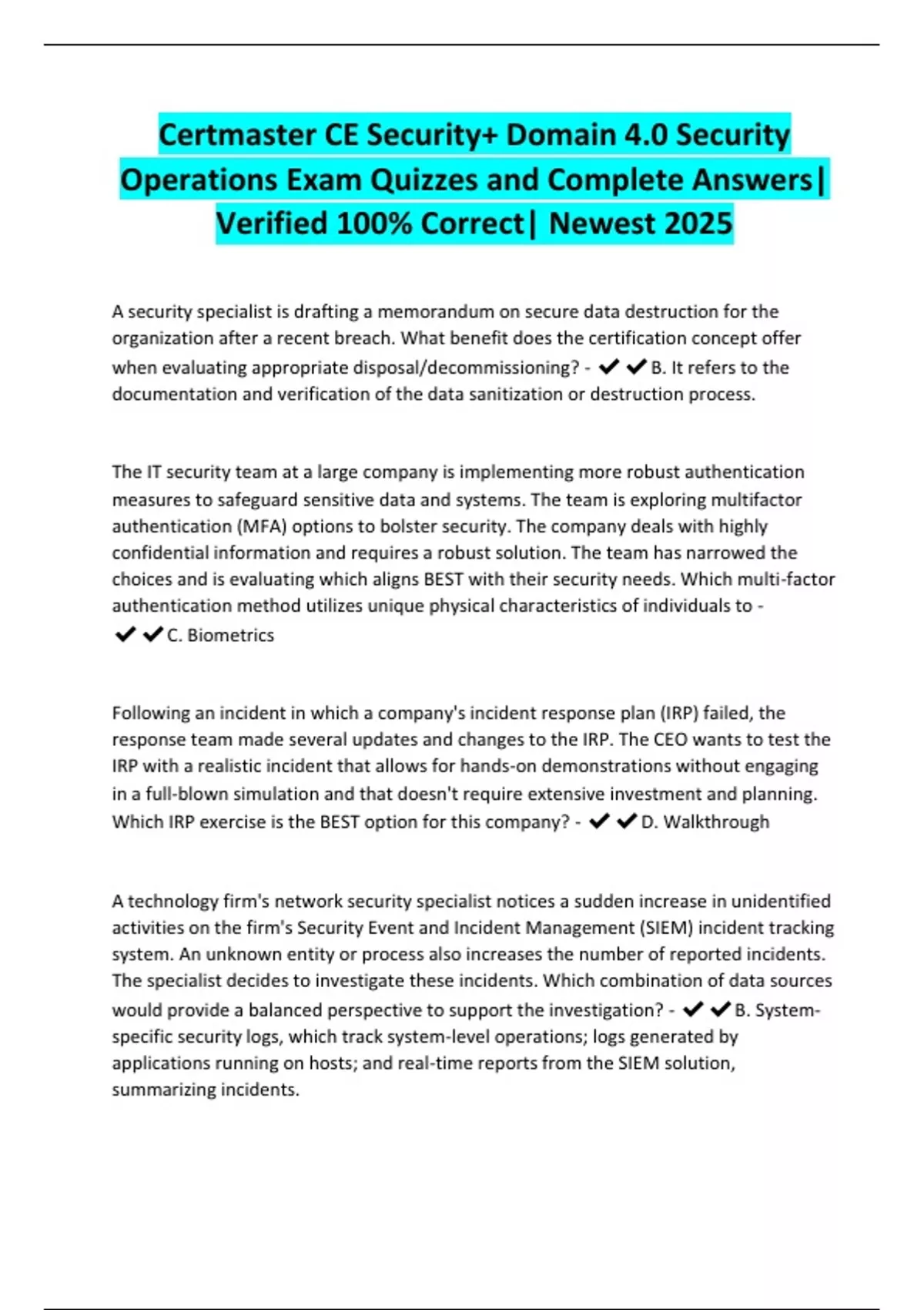 Certmaster CE Security+ Domain 4.0 Security Operations Exam Quizzes and ...