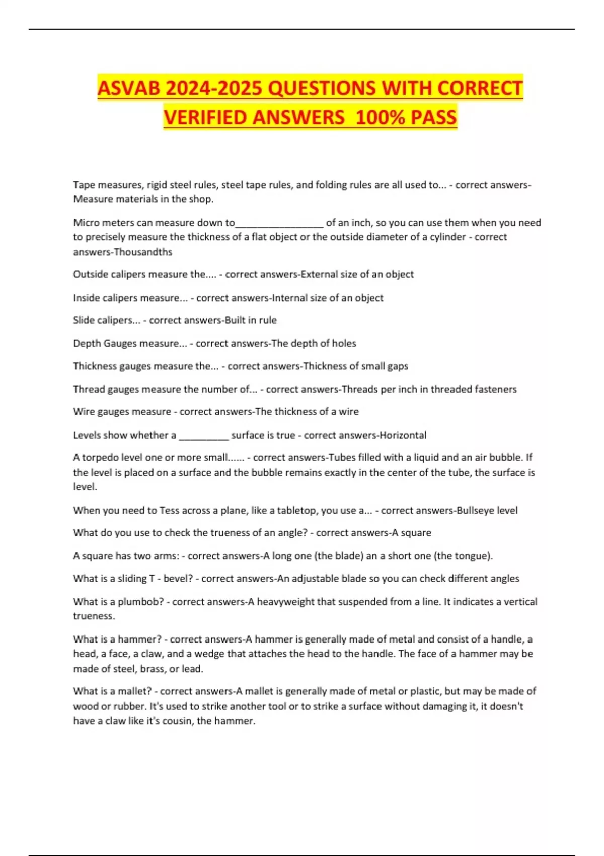 ASVAB EXAM QUESTIONS WITH CORRECT VERIFIED ANSWERS 100% PASS - ASVAB ...