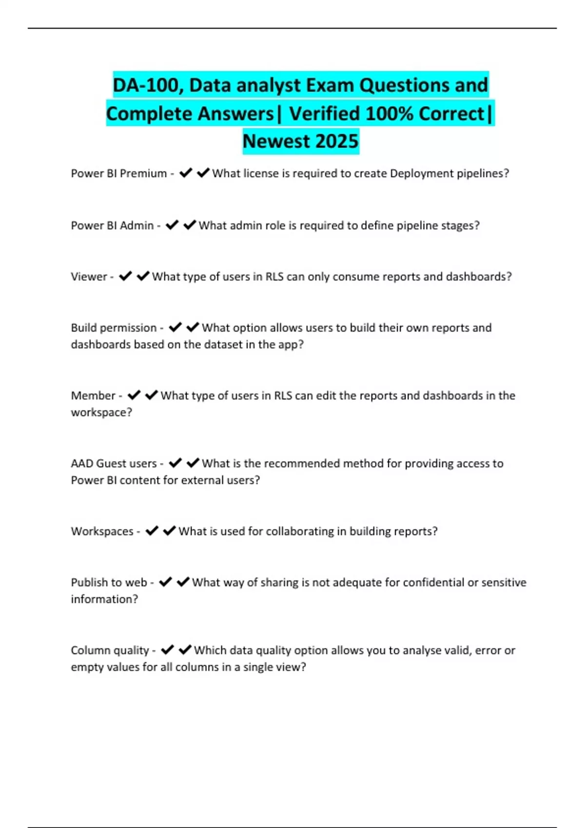 DA-100, Data analyst Exam Questions and Complete Answers| Verified 100% Correct| Newest 2025 ...