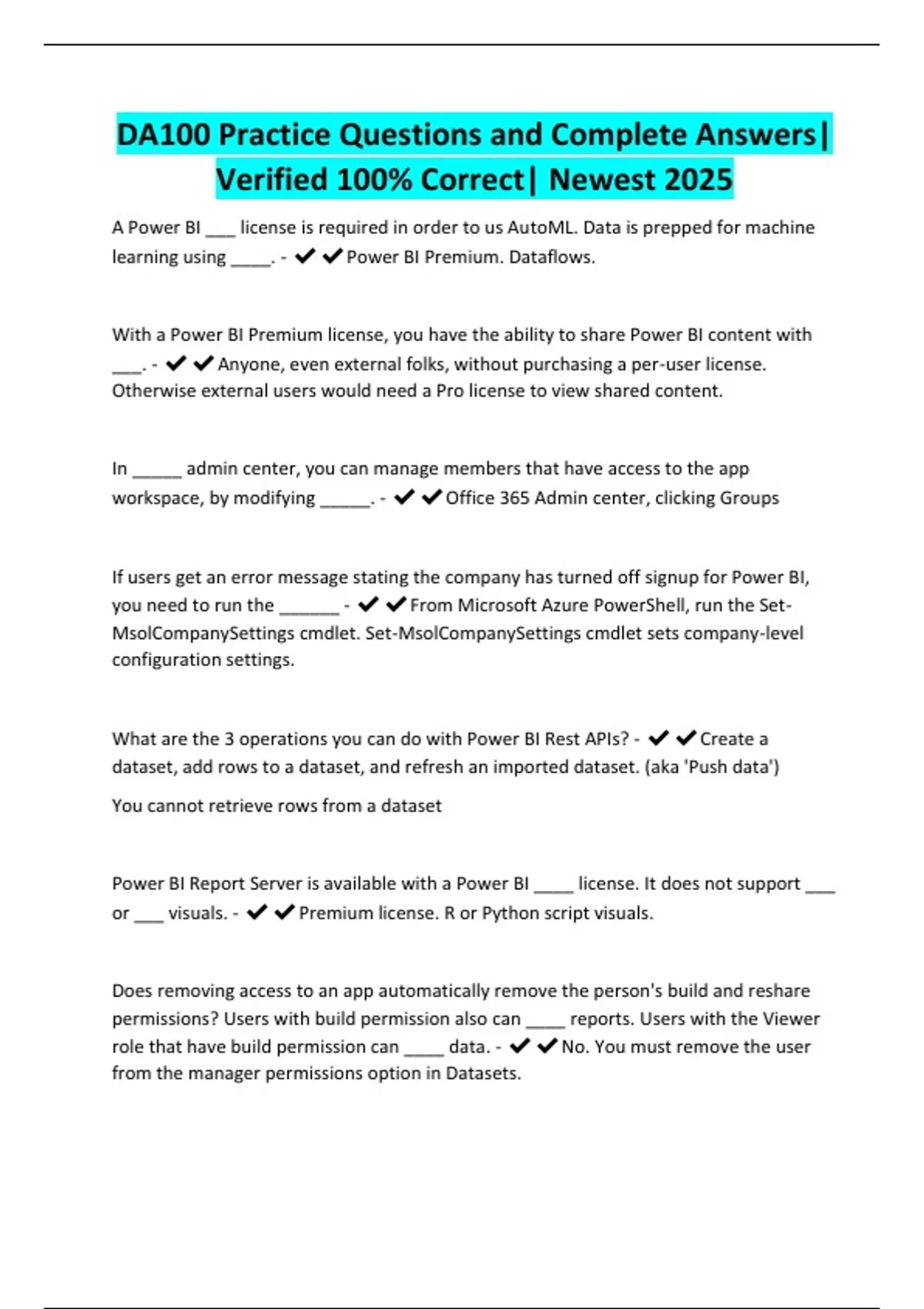 DA100 Practice Questions and Complete Answers| Verified 100% Correct ...