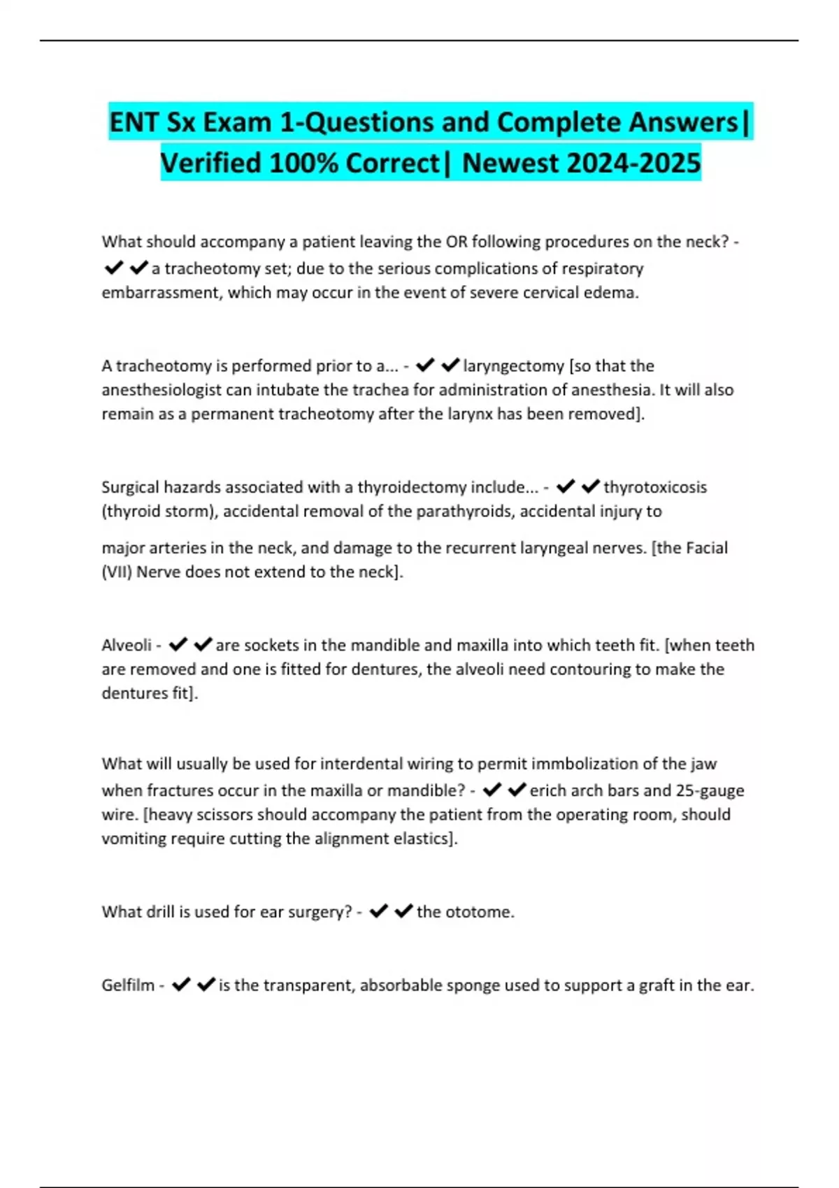 ENT Sx Exam 1-Questions and Complete Answers| Verified 100% Correct ...