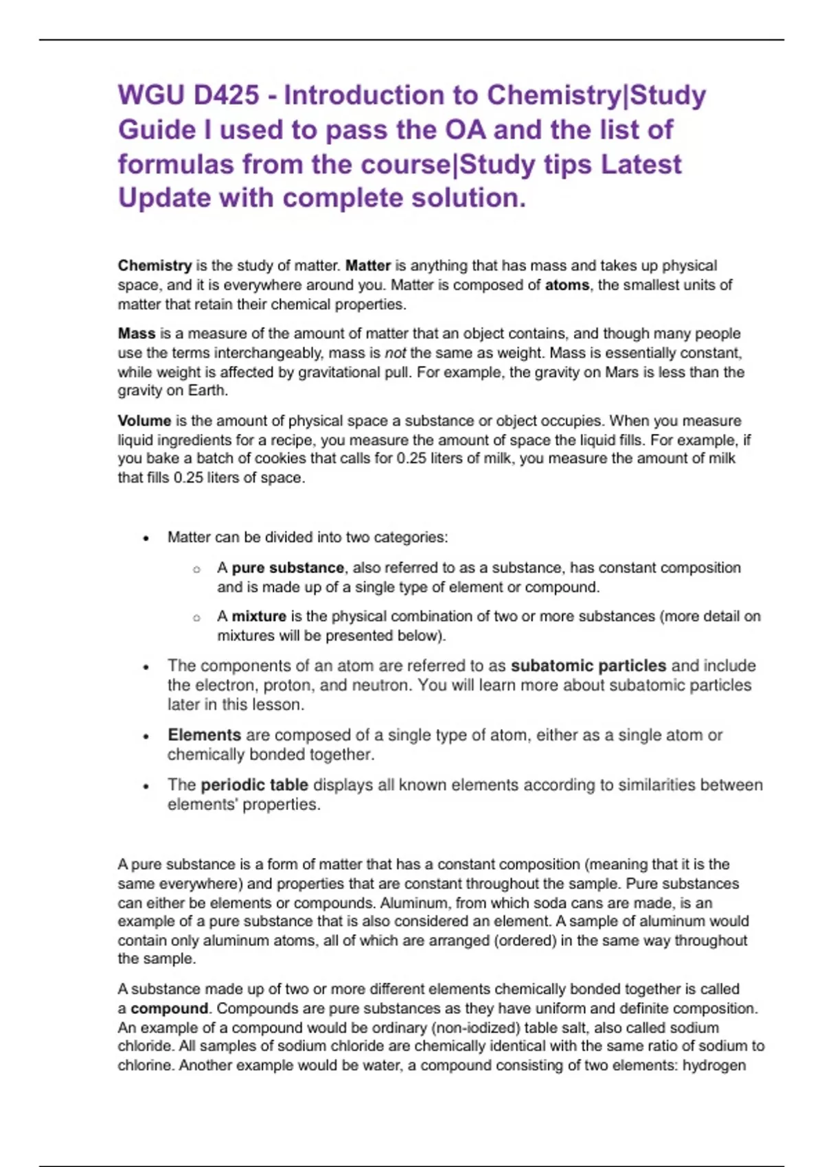 WGU D425 - Introduction to Chemistry|Study Guide i used to pass the OA ...