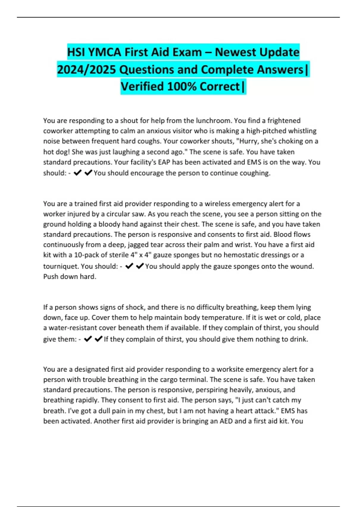 HSI YMCA First Aid Exam – Newest Update 2024/2025 Questions and ...