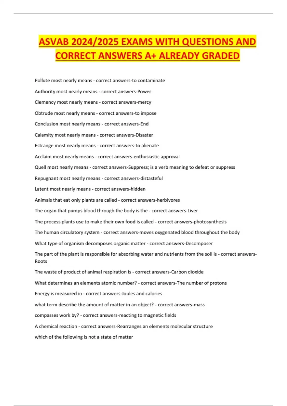 ASVAB 2024/2025 EXAMS WITH QUESTIONS AND CORRECT ANSWERS A+ ALREADY ...