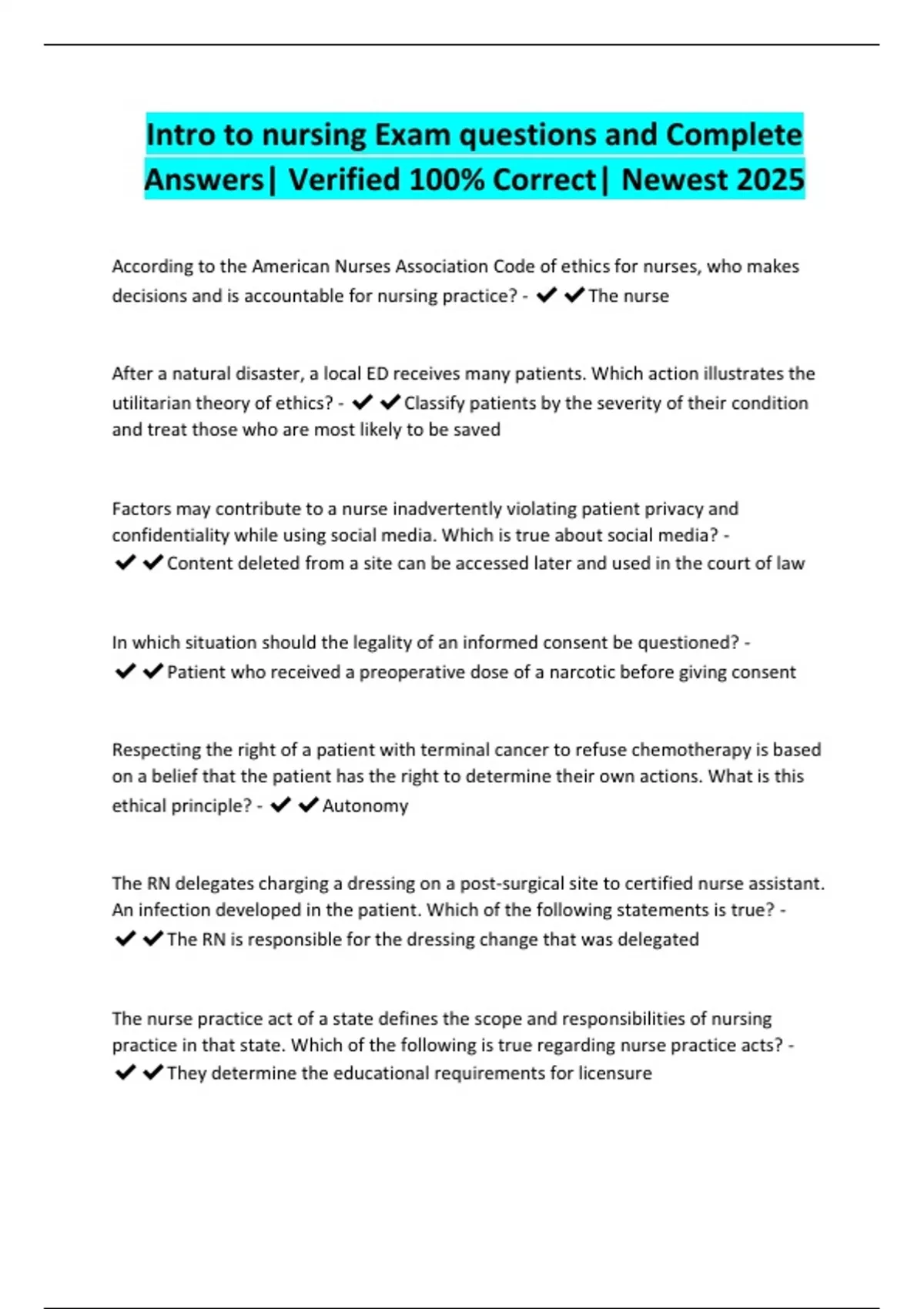 Intro to nursing Exam questions and Complete Answers| Verified 100% Correct| Newest 2025 ...