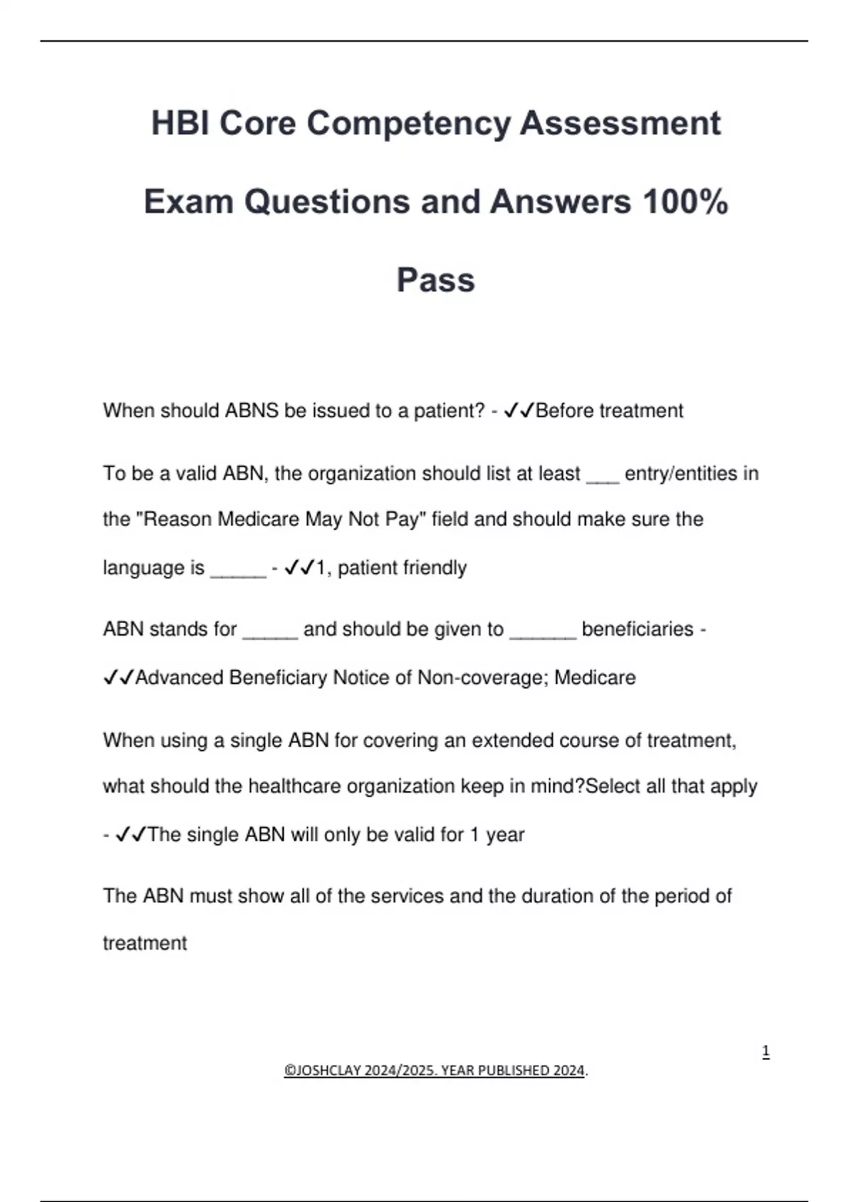 HBI Core Competency Assessment Exam Questions and Answers 100% Pass ...
