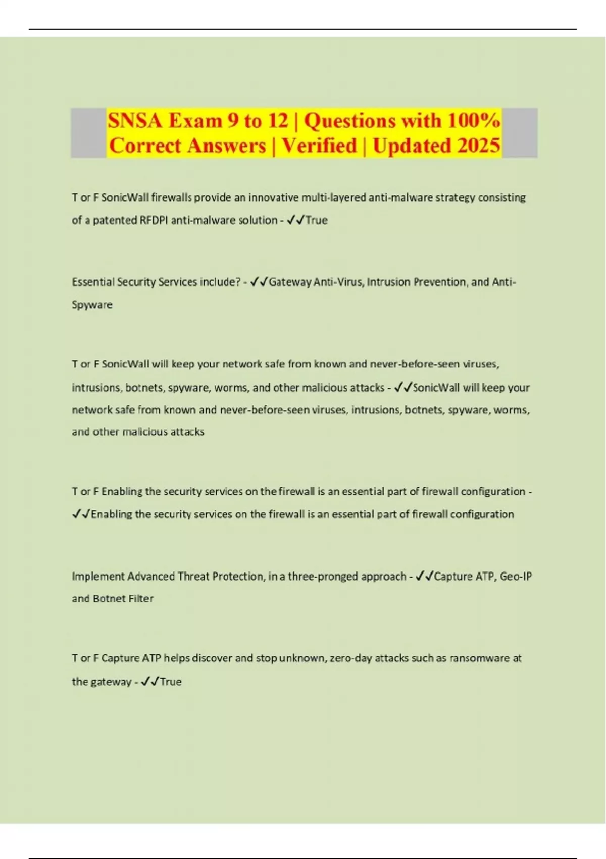 SNSA Exam 9 to 12 | Questions with 100% Correct Answers | Verified ...