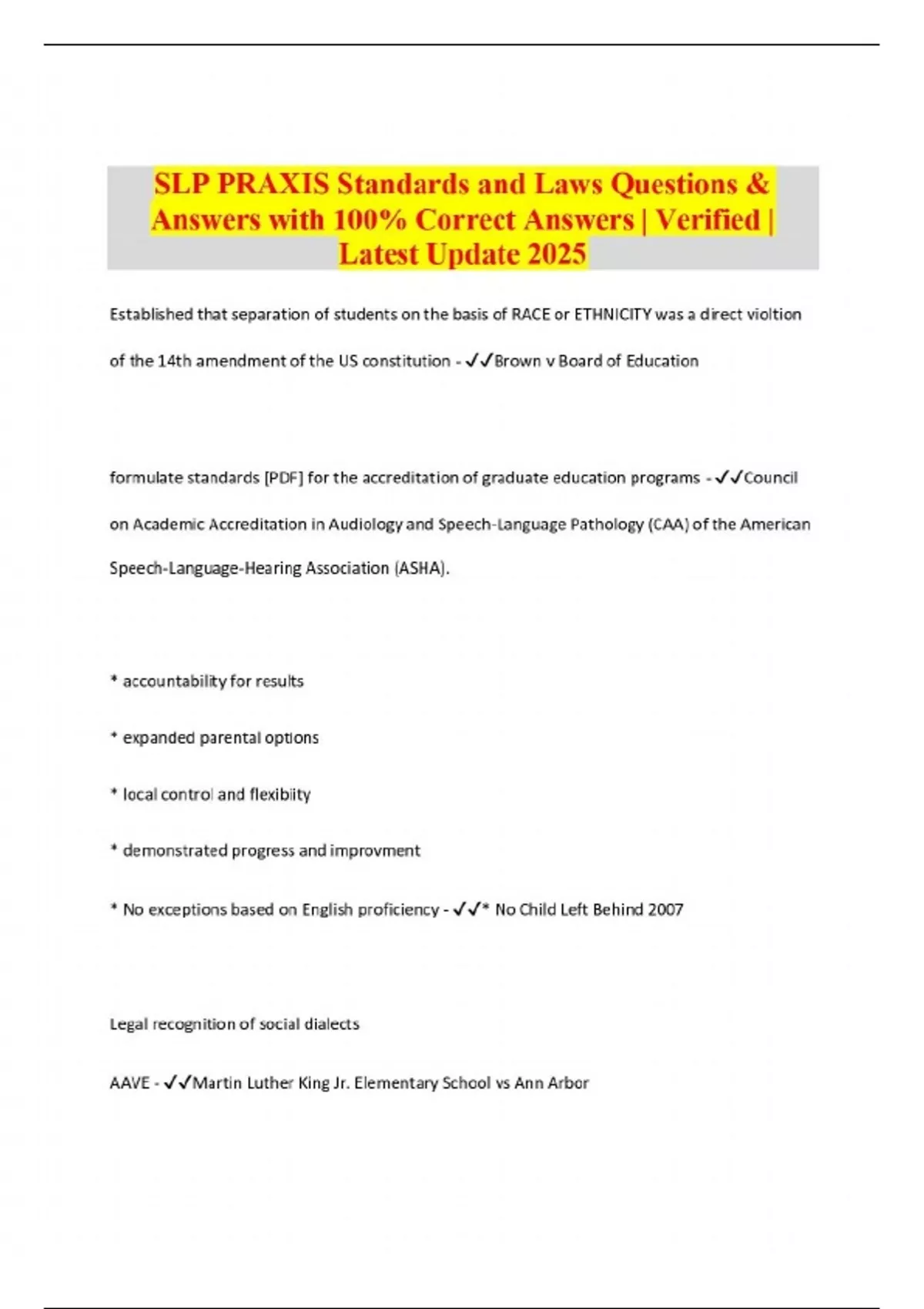 SLP PRAXIS Standards and Laws Questions & Answers with 100% Correct ...