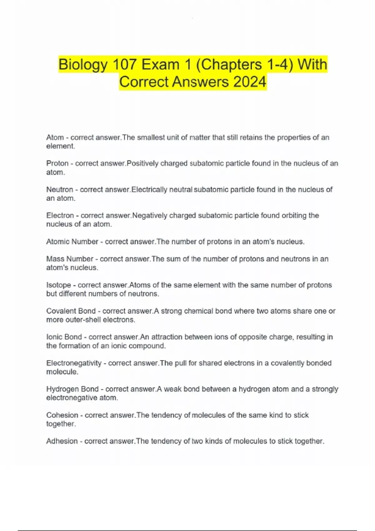 Biology 107 Exam 1 (Chapters 1-4) With Correct Answers 2024 - Biology ...