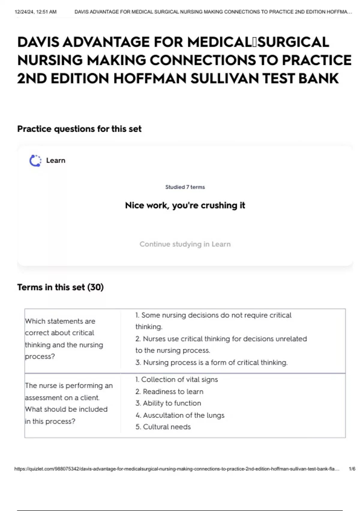 DAVIS ADVANTAGE FOR MEDICAL SURGICAL NURSING MAKING CONNECTIONS TO ...