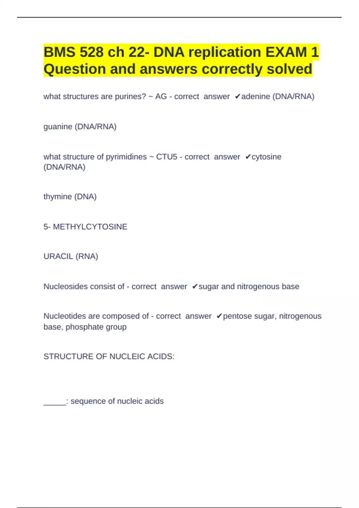 BMS 528 ch 22- DNA replication EXAM 1 Question and answers correctly ...