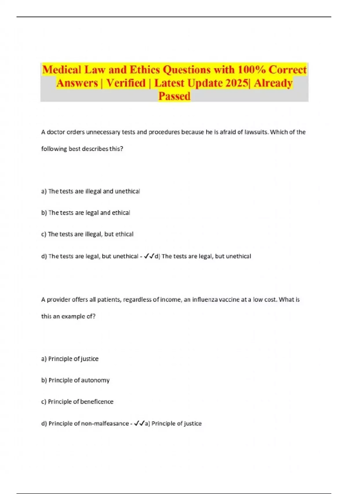Medical Law and Ethics Questions with 100% Correct Answers | Verified ...