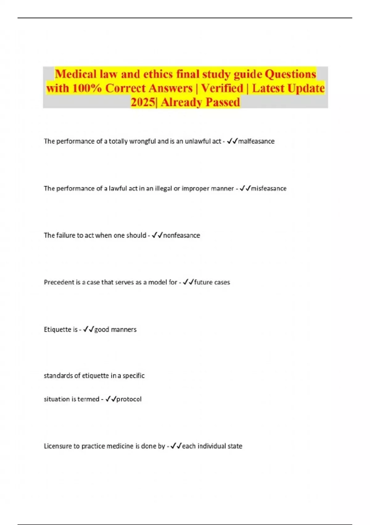 Medical law and ethics final study guide Questions with 100% Correct ...