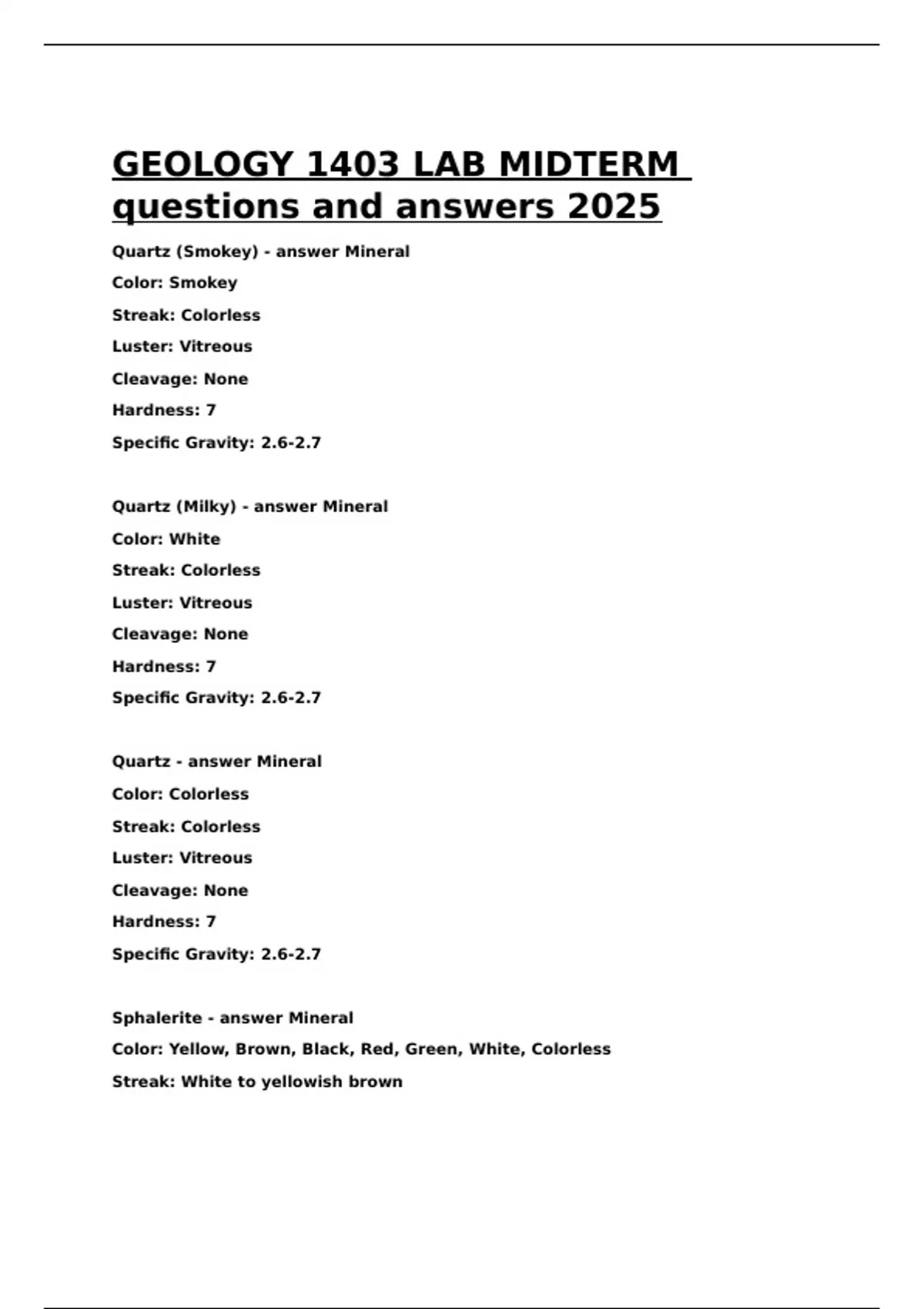 GEOLOGY 1403 LAB MIDTERM questions and answers 2025 - Geol 1403 - Stuvia US