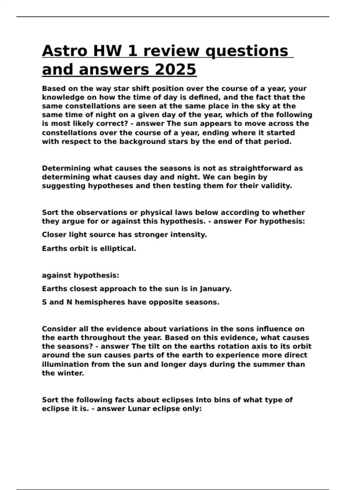 Astro HW 1 review questions and answers 2025. - Astronomy - Stuvia US