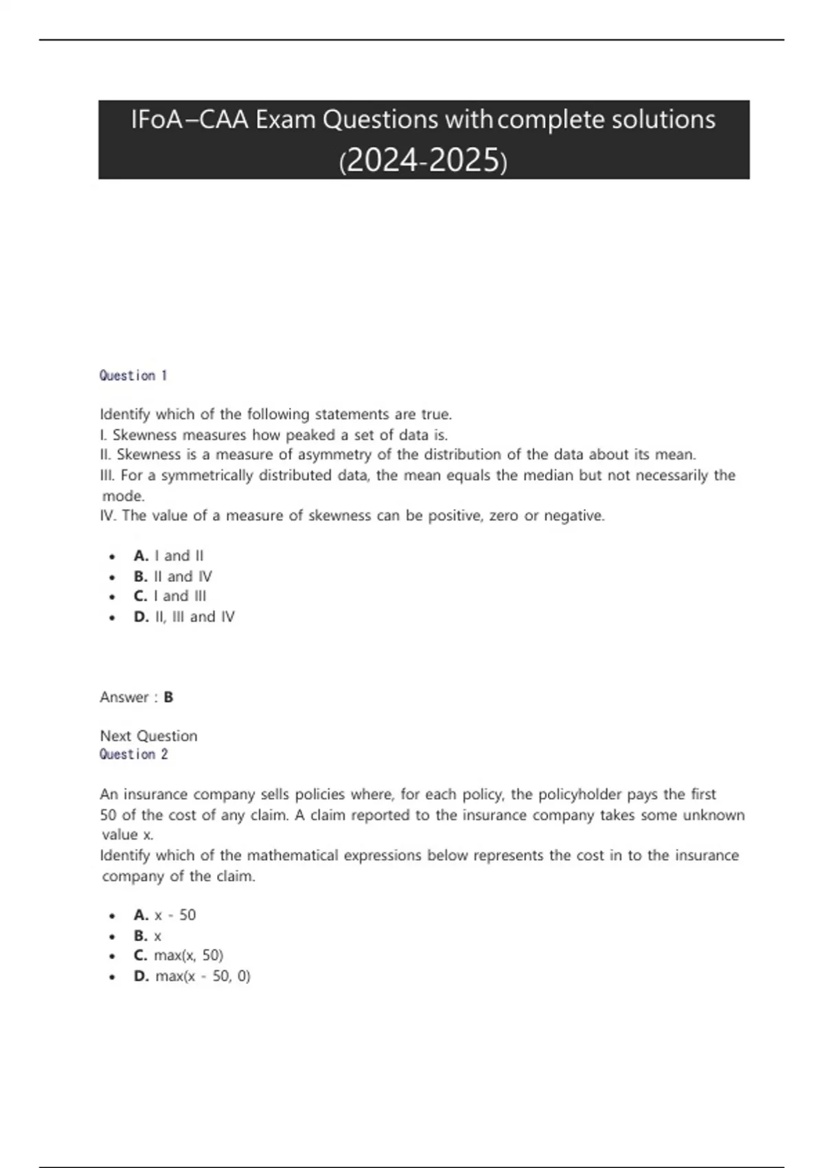 IFoA –CAA Exam Questions with complete solutions () - IFoA - Stuvia US