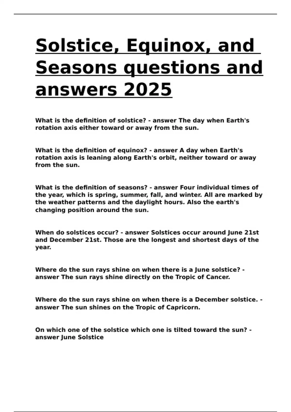 Solstice & Equinox questions and answers 2025. - Astronomy - Stuvia US