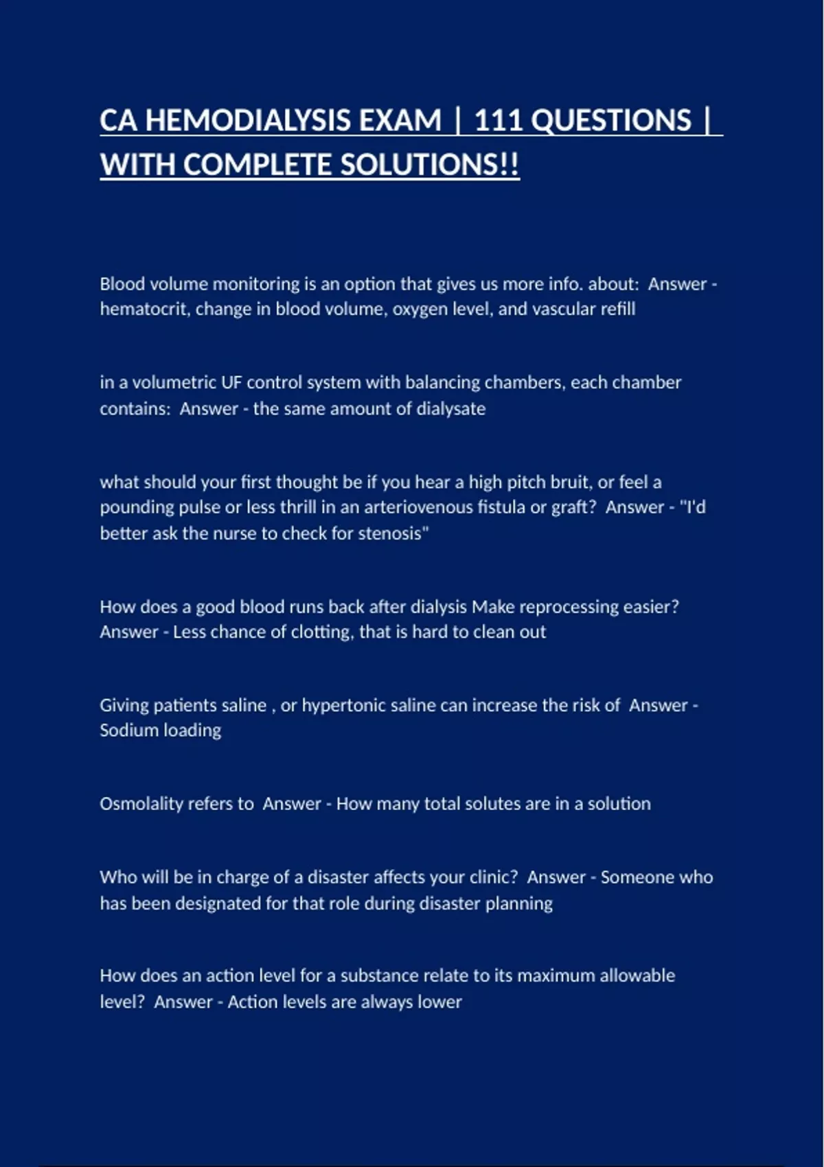 CA HEMODIALYSIS EXAM | 111 QUESTIONS | WITH COMPLETE SOLUTIONS!! - CA HEMODIALYSIS - Stuvia US