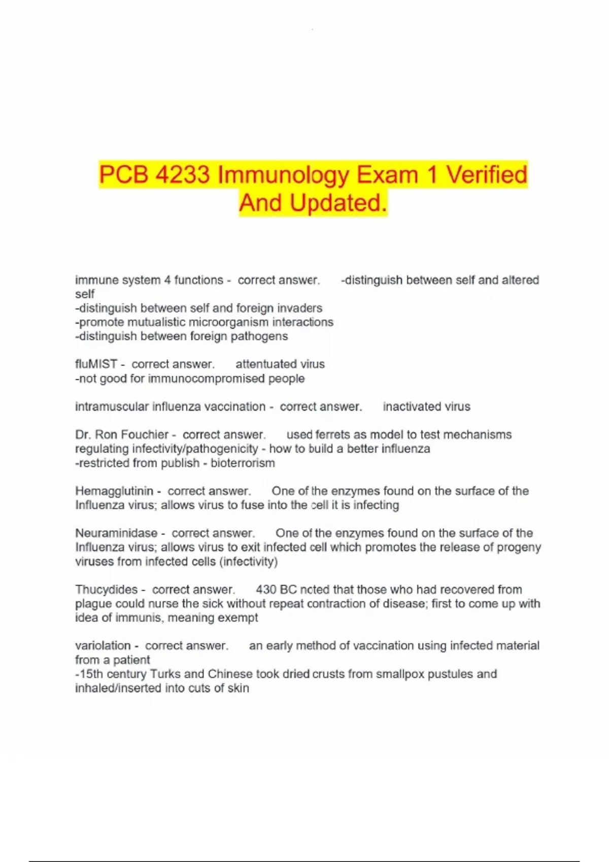 PCB 4233 Immunology Exam 1 Verified And Updated. - PCB 4233 Immunology ...
