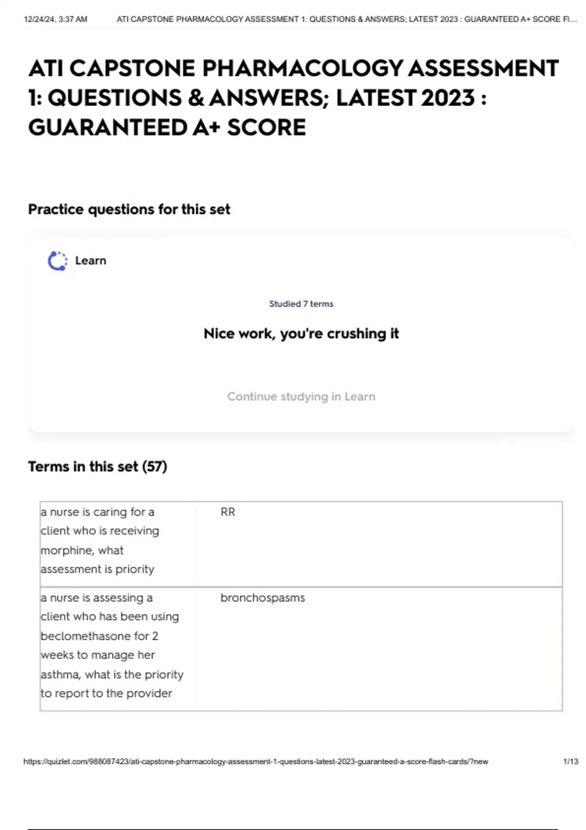 ATI CAPSTONE PHARMACOLOGY ASSESSMENT 1: QUESTIONS & ANSWERS; LATEST ...