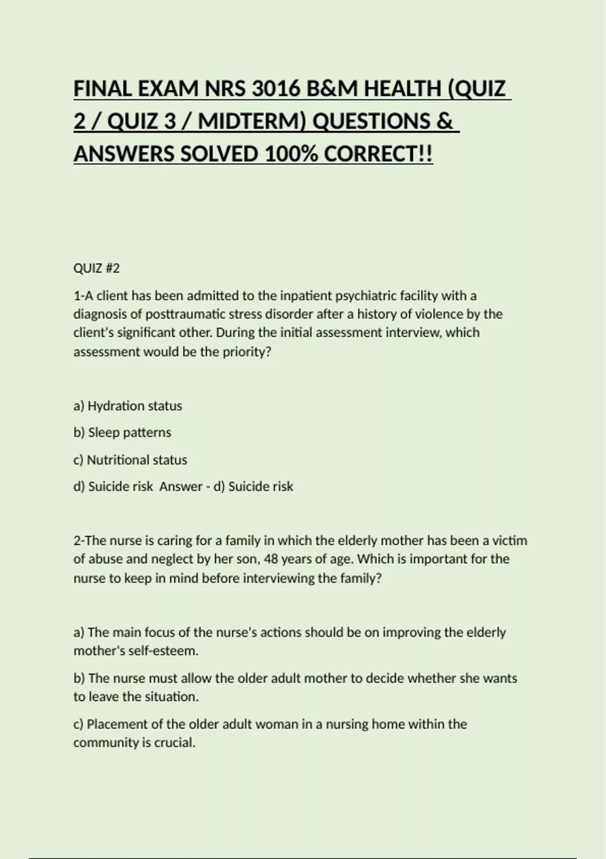 FINAL EXAM NRS 3016 B&M HEALTH (QUIZ 2 / QUIZ 3 / MIDTERM) QUESTIONS ...