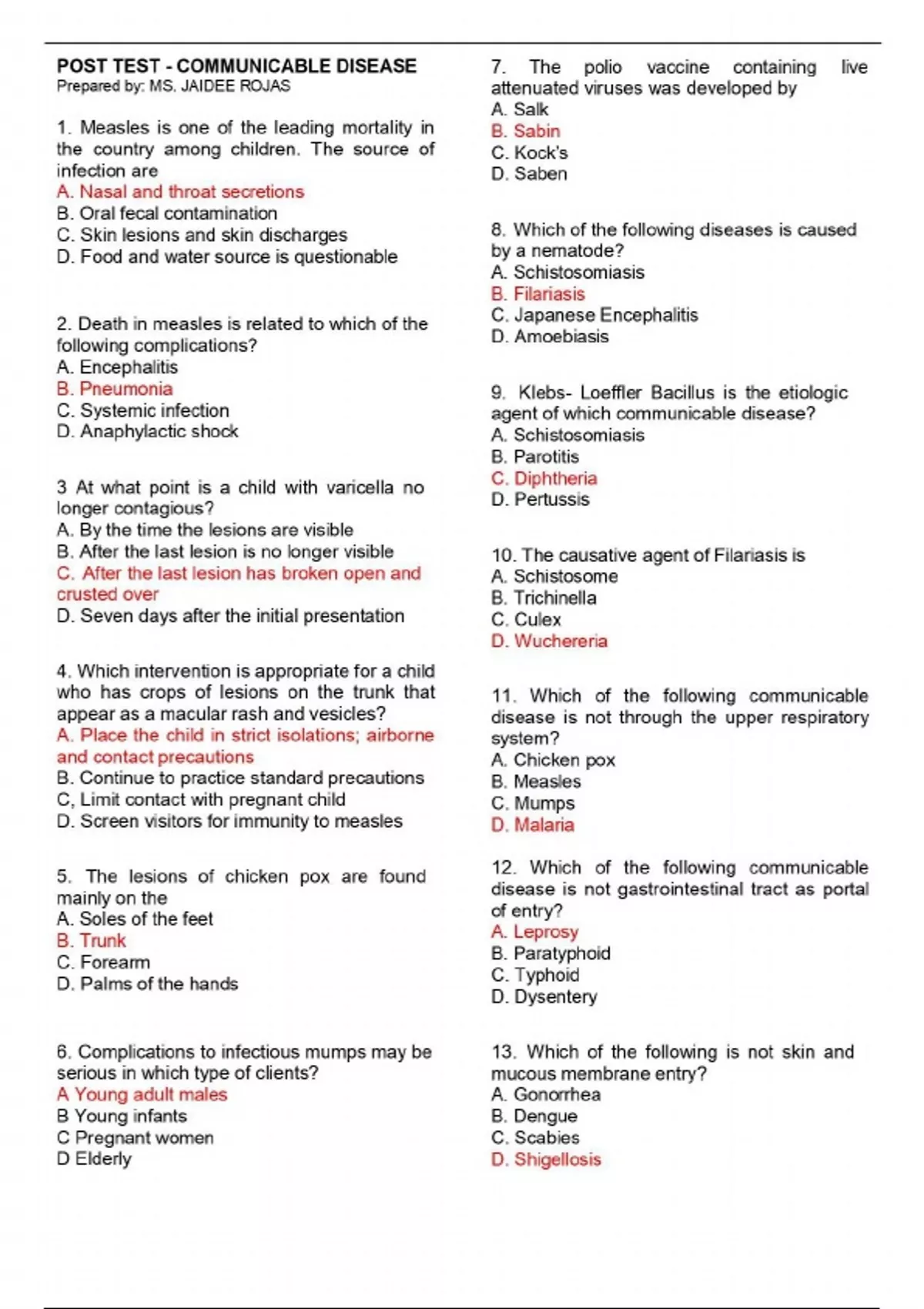 POST TEST - COMMUNICABLE DISEASE|30 Questions and Answers with complete ...