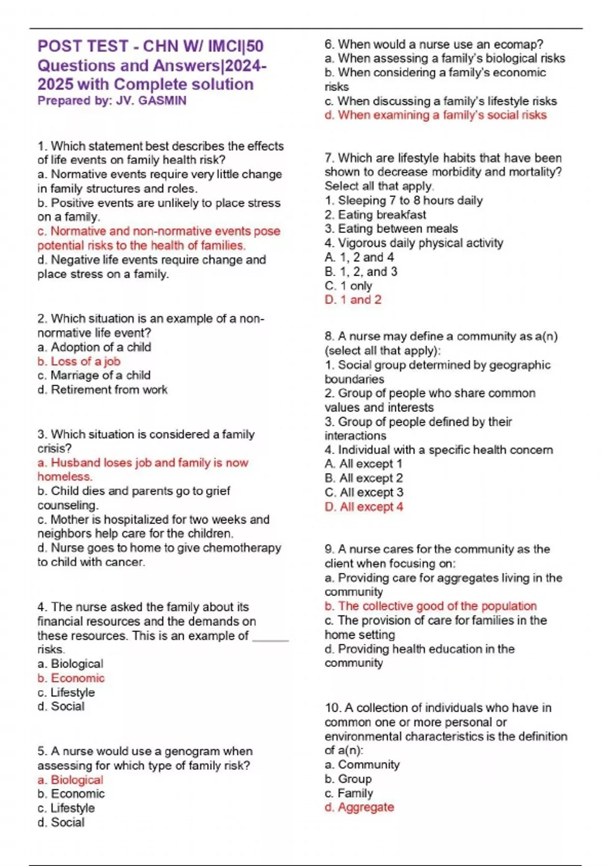 POST TEST - CHN W/ IMCI|50 Questions and Answers| with Complete ...