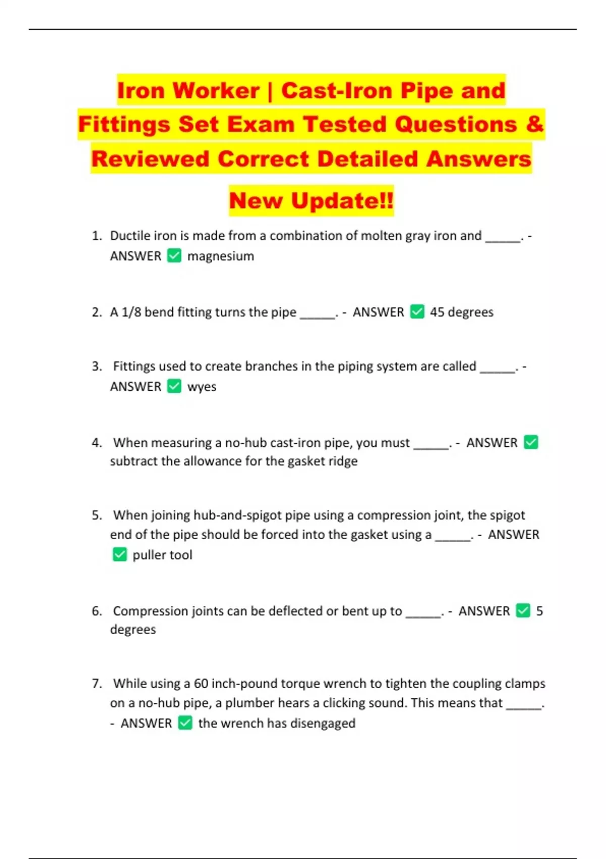 Iron Worker | Cast-Iron Pipe and Fittings Set Exam Tested Questions ...
