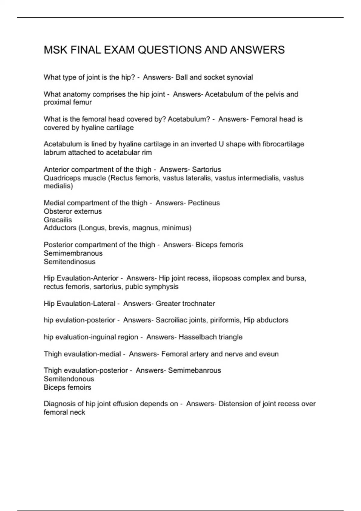 MSK FINAL EXAM QUESTIONS AND ANSWERS - MSK - Stuvia US