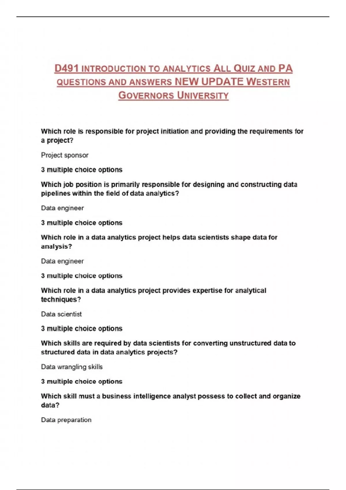D491 INTRODUCTION TO ANALYTICS ALL QUIZ AND PA QUESTIONS AND ANSWERS NEW UPDATE WESTERN ...