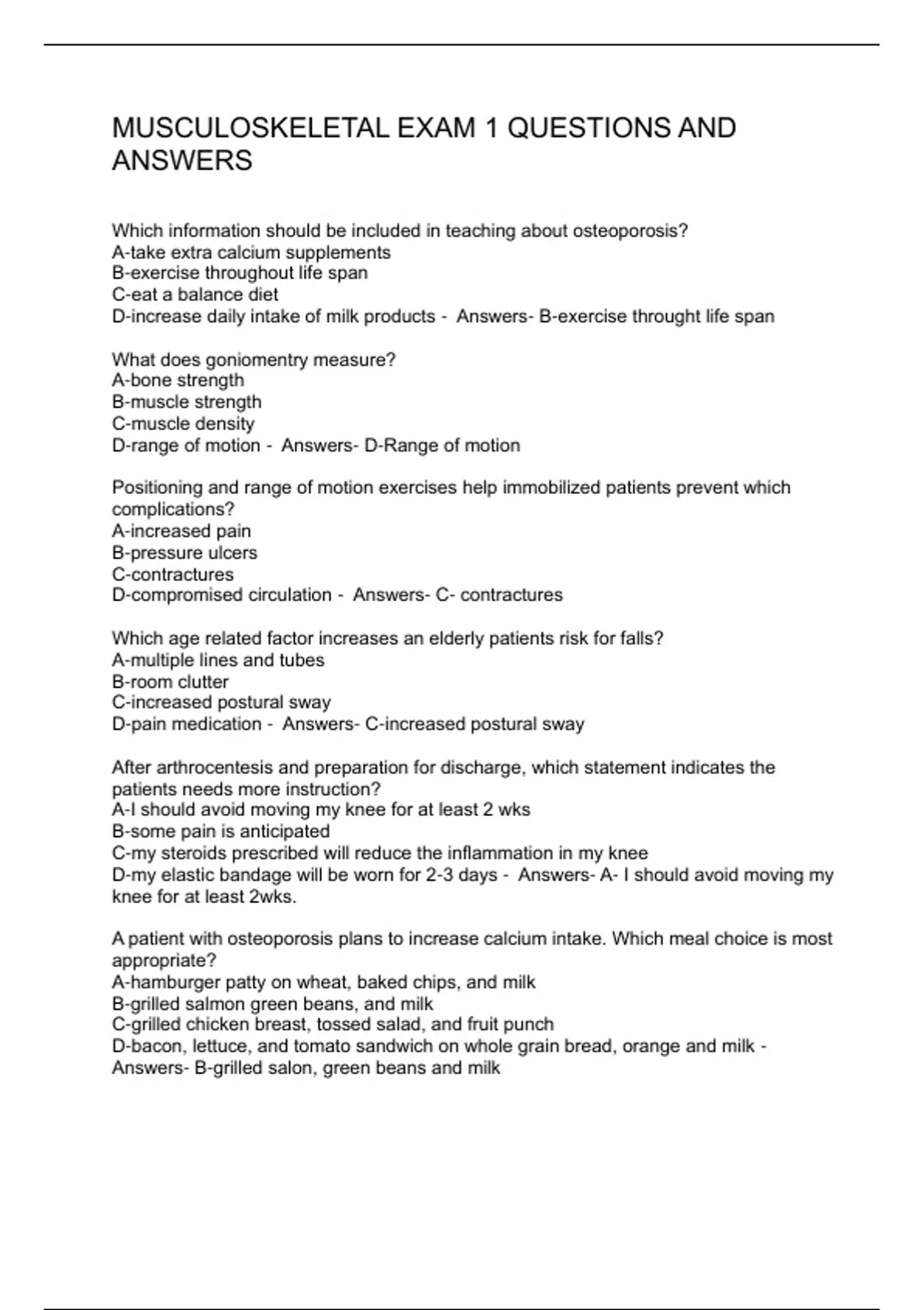 MUSCULOSKELETAL EXAM 1 QUESTIONS AND ANSWERS - MUSCULOSKELETAL - Stuvia US