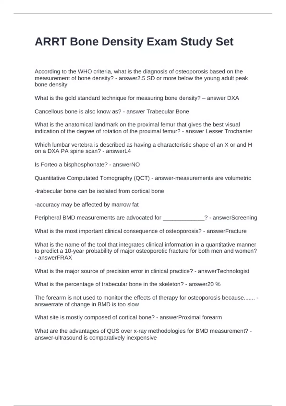 ARRT Bone Density Exam Study Set Questions with Solutions - Bone ...