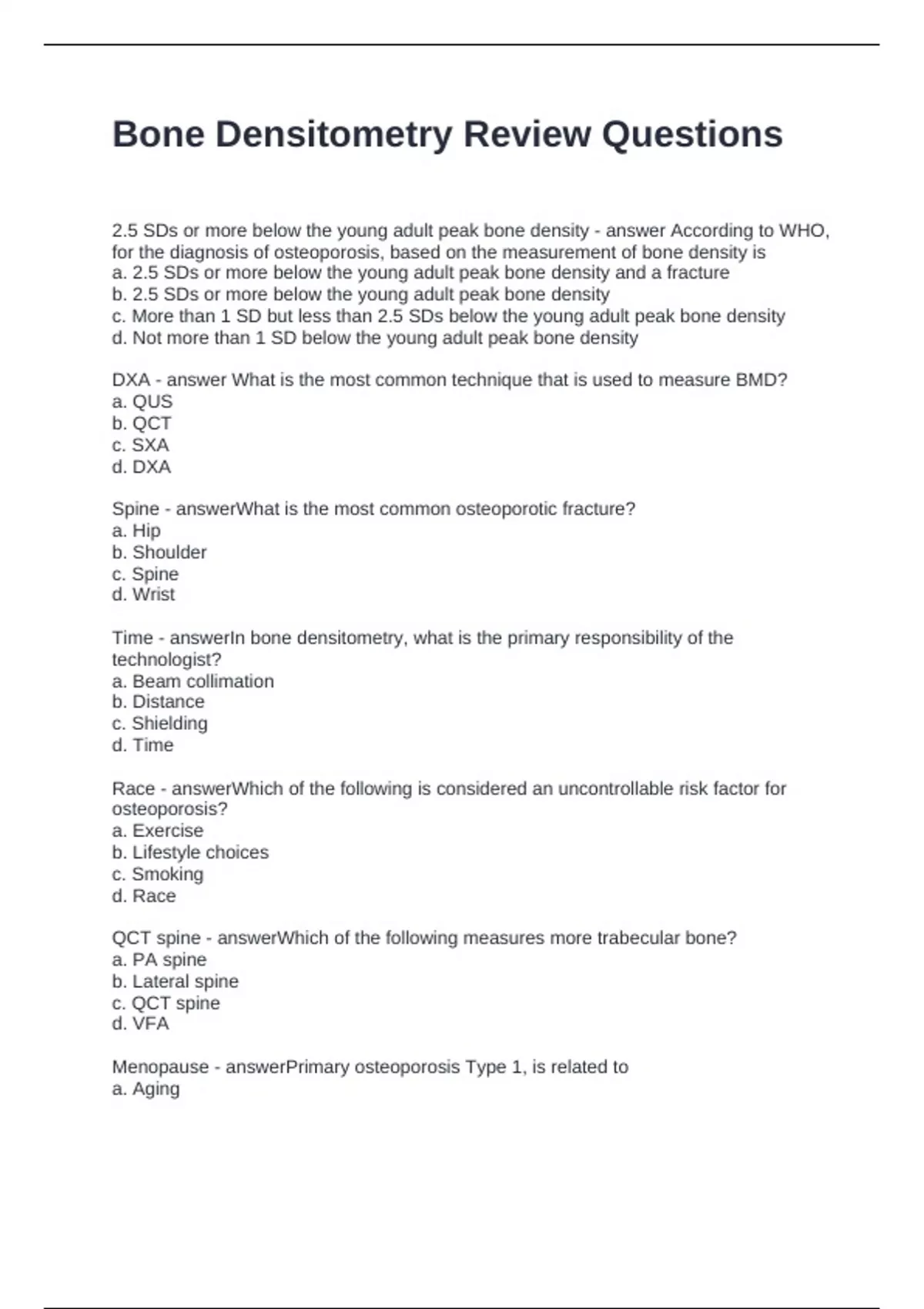 Bone Densitometry Review Questions With Solutions - Bone Densitometry ...
